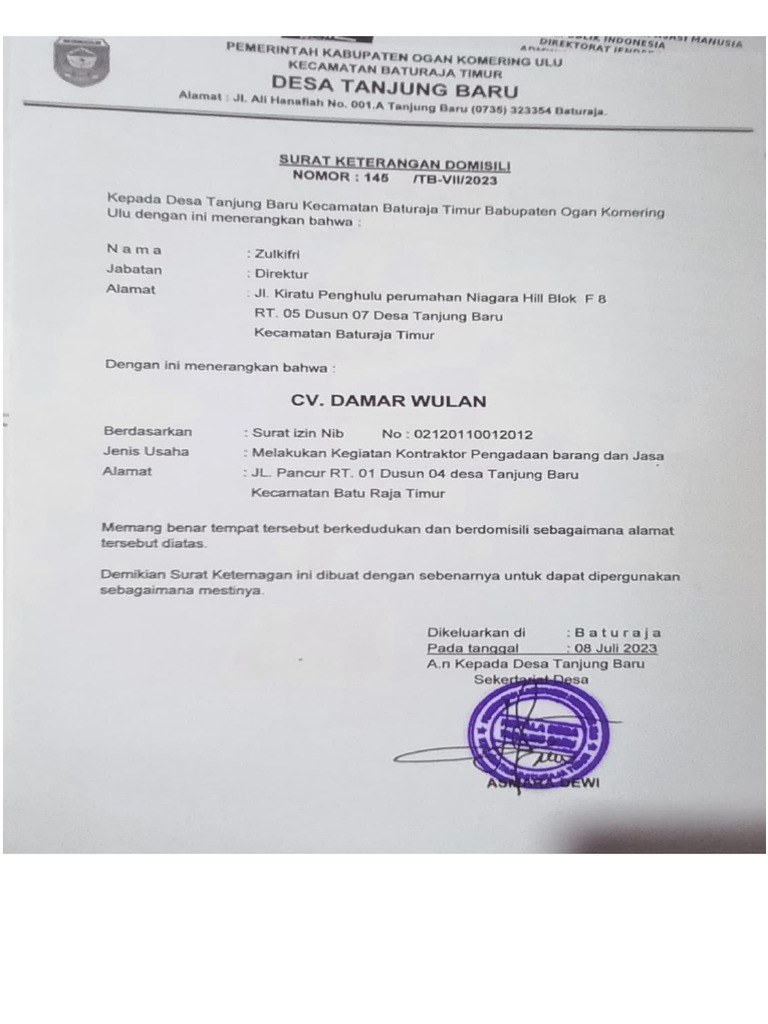 Surat Keterangan Domisili CV. Damarwulan | PDF