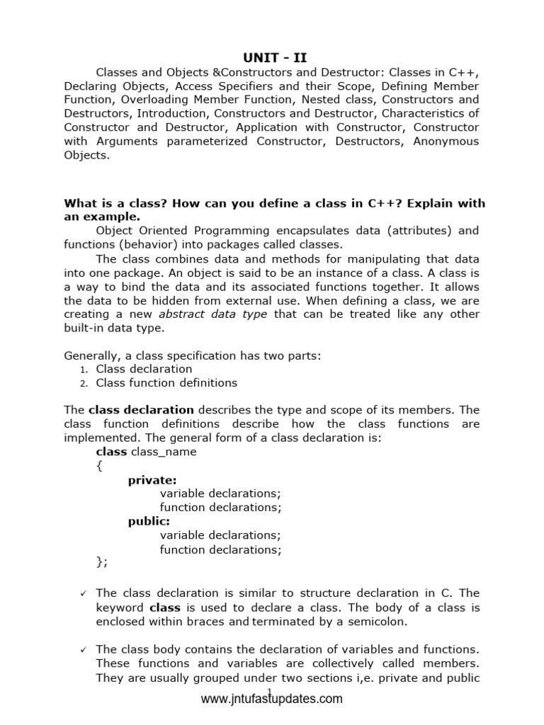 Jntuk 2-1 Oopt C++ - Unit-2 | PDF | Class (Computer Programming) | Programming