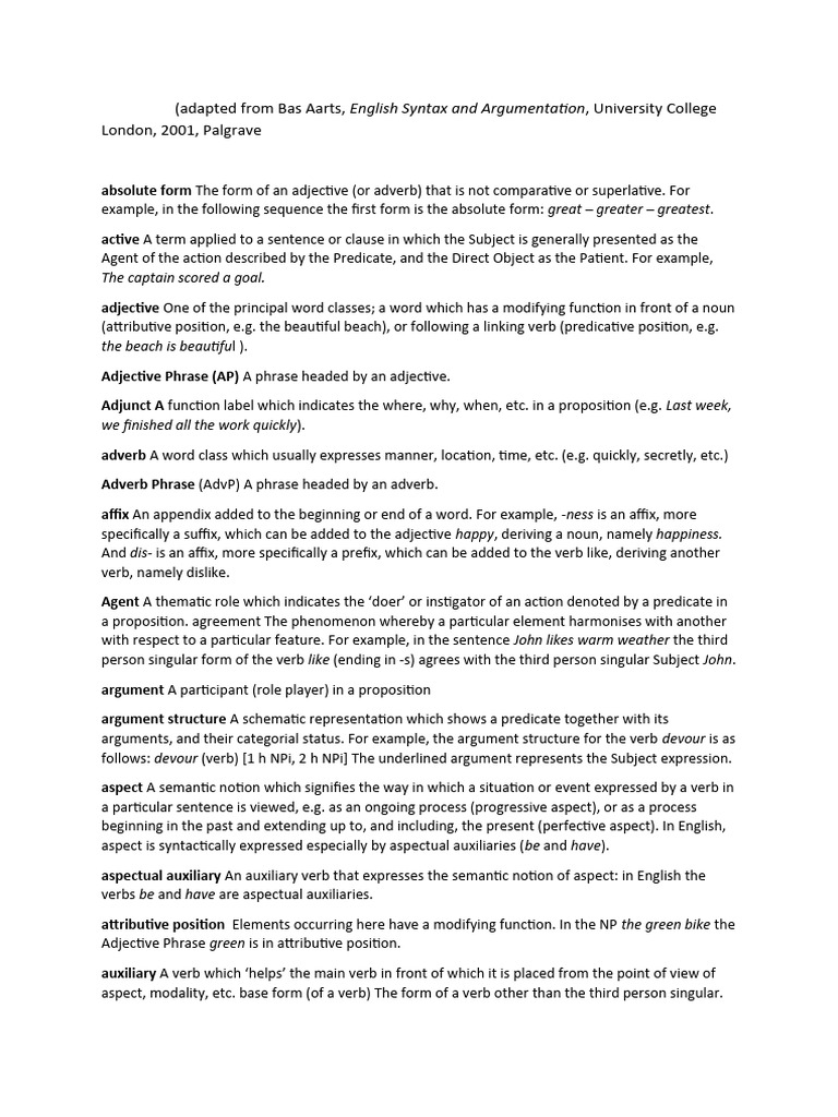 Glossary of Syntactic Terms | PDF | Verb | Clause