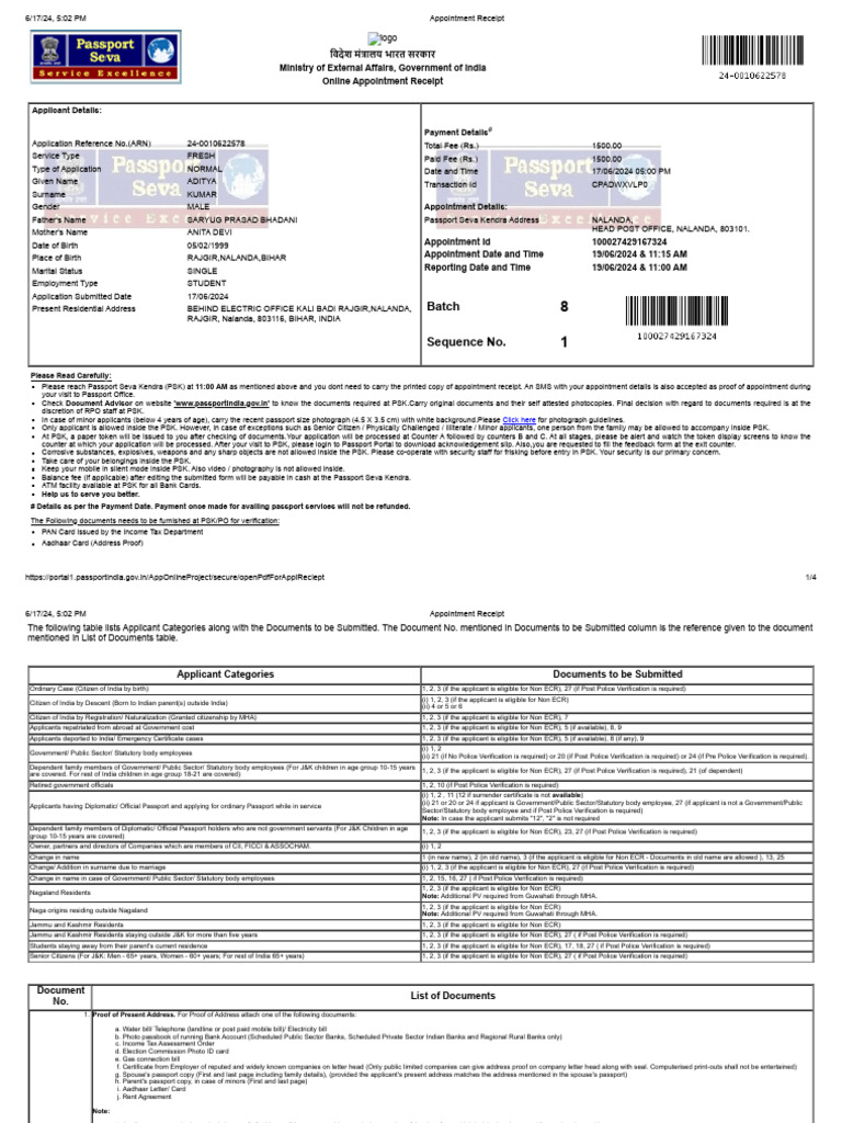 ADITYA Appointment Receipt | PDF | Identity Document | Birth Certificate