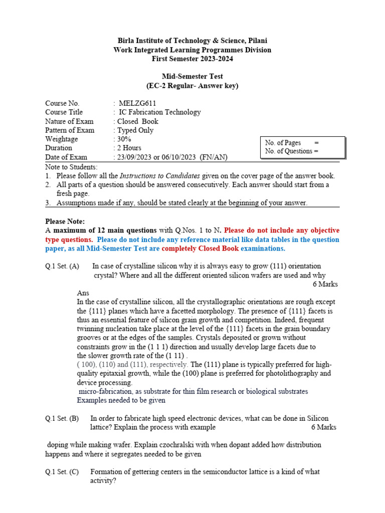 MEL ZG611 Midsemregular Answer Key | PDF | Epitaxy | Thin Film