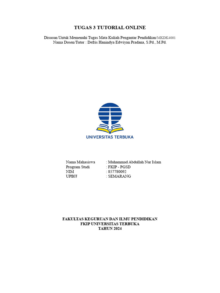Pengantar Pendidikan (MKDK4001) Tugas 3 Sesi 7 - Muh. Abdullah Nur Islam - NIM 857780092 | PDF