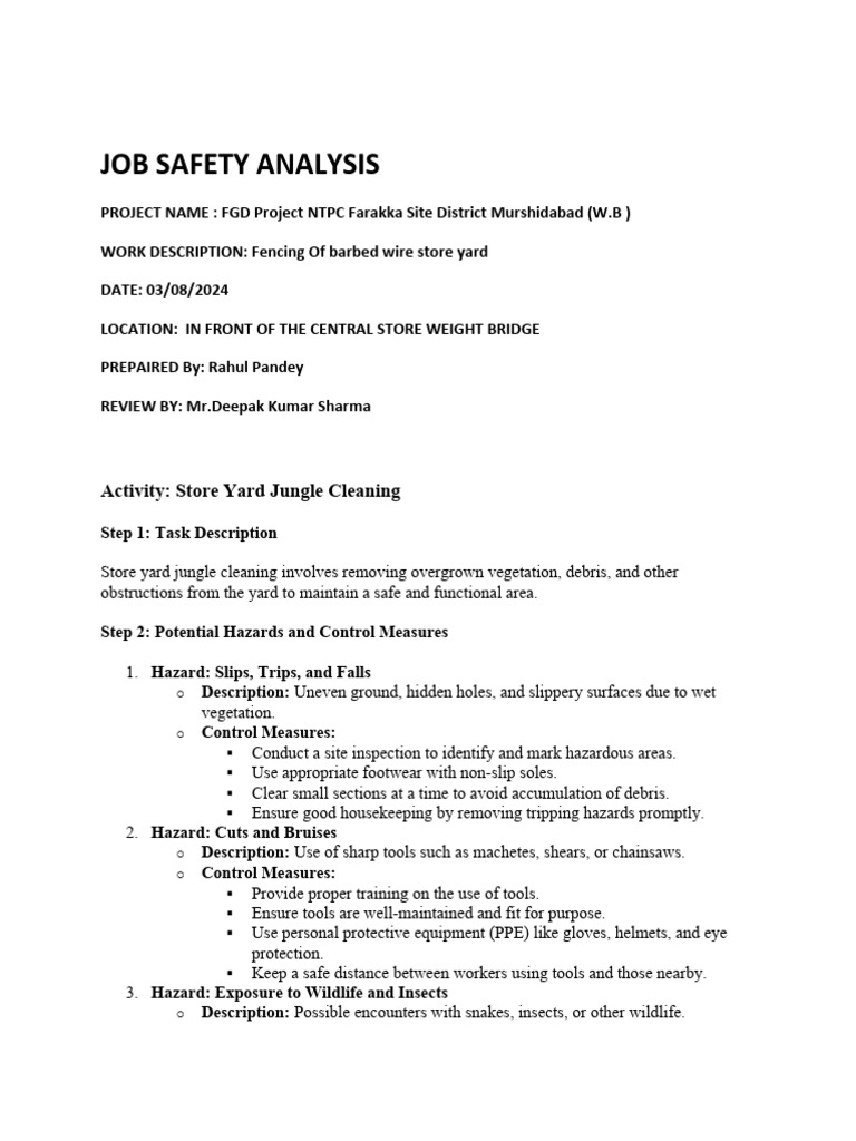 JOB SAFETY ANALYSIS Area Development of store yard Front of Central ...