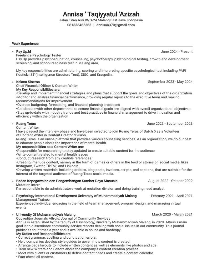 CV- Annisa' Taqiyyatul 'Azizah | PDF | Copy Editing | Human Communication