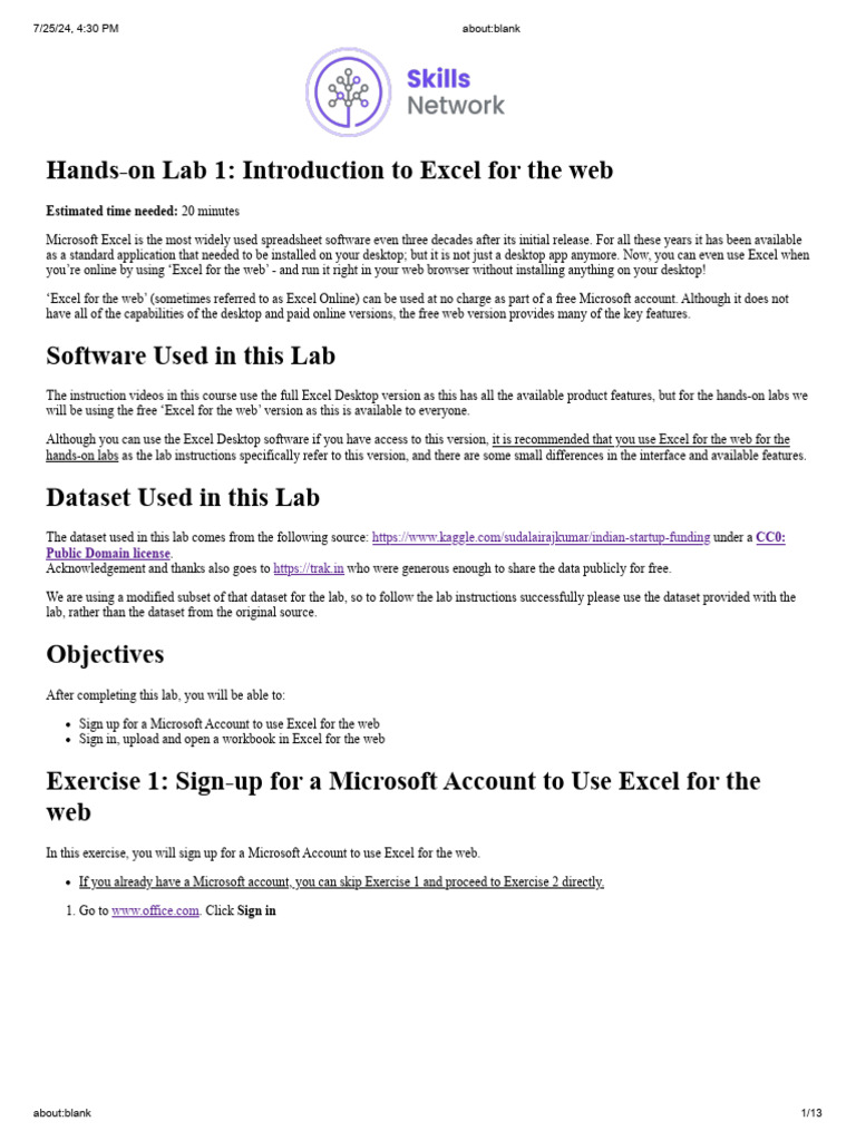 Excel for the Web: Hands-on Lab 1 | PDF | Application Software ...