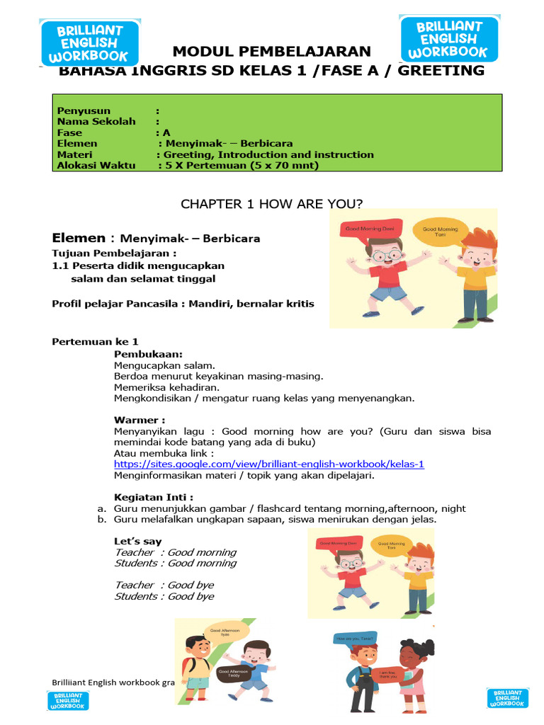 MODUL1 B Ingg Kls 1 - BRILLIANT ENGLISH WORKBOOK | PDF