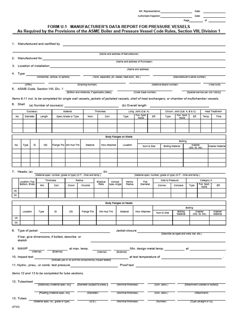 FORM U-1 MANUFACTURERS DATA REPORT FOR PRESSURE VESSELS 2023 Edition ...