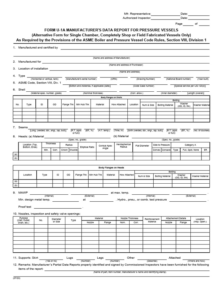 FORM U-1A MANUFACTURERS DATA REPORT FOR PRESSURE VESSELS 2023 Edition ...