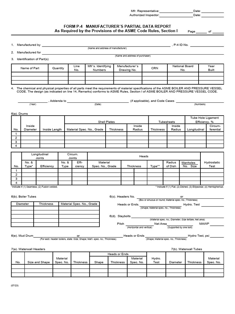 FORM P-4 MANUFACTURERS PARTIAL DATA REPORT Edit2023 | PDF | Boiler ...