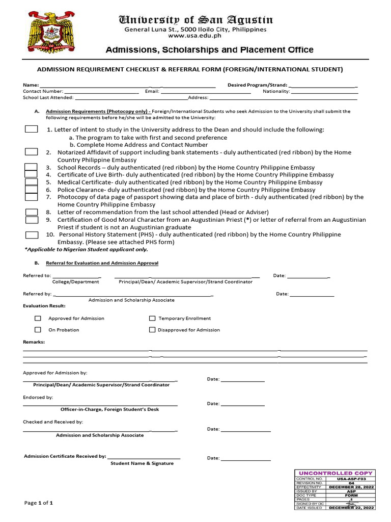 USA-ASP-F03 Admission Requirements Checklist & Referral Form (Foreign ...