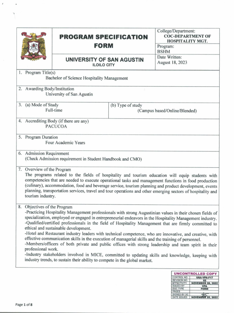 COC-HM. Program Specification Form | PDF