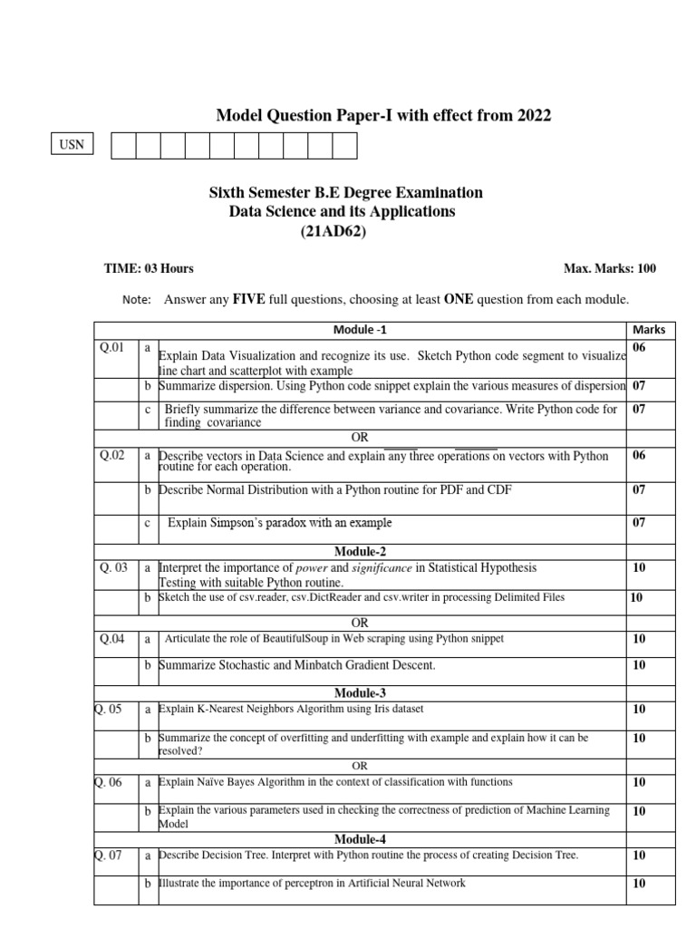21AD62 Model Paper | PDF | Statistical Analysis | Teaching Mathematics