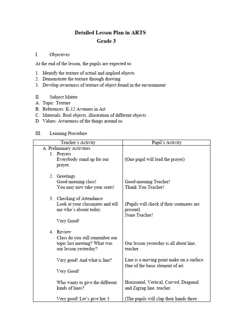 Grade 3 Arts Lesson Plan: Texture | PDF | Teachers | Lesson Plan