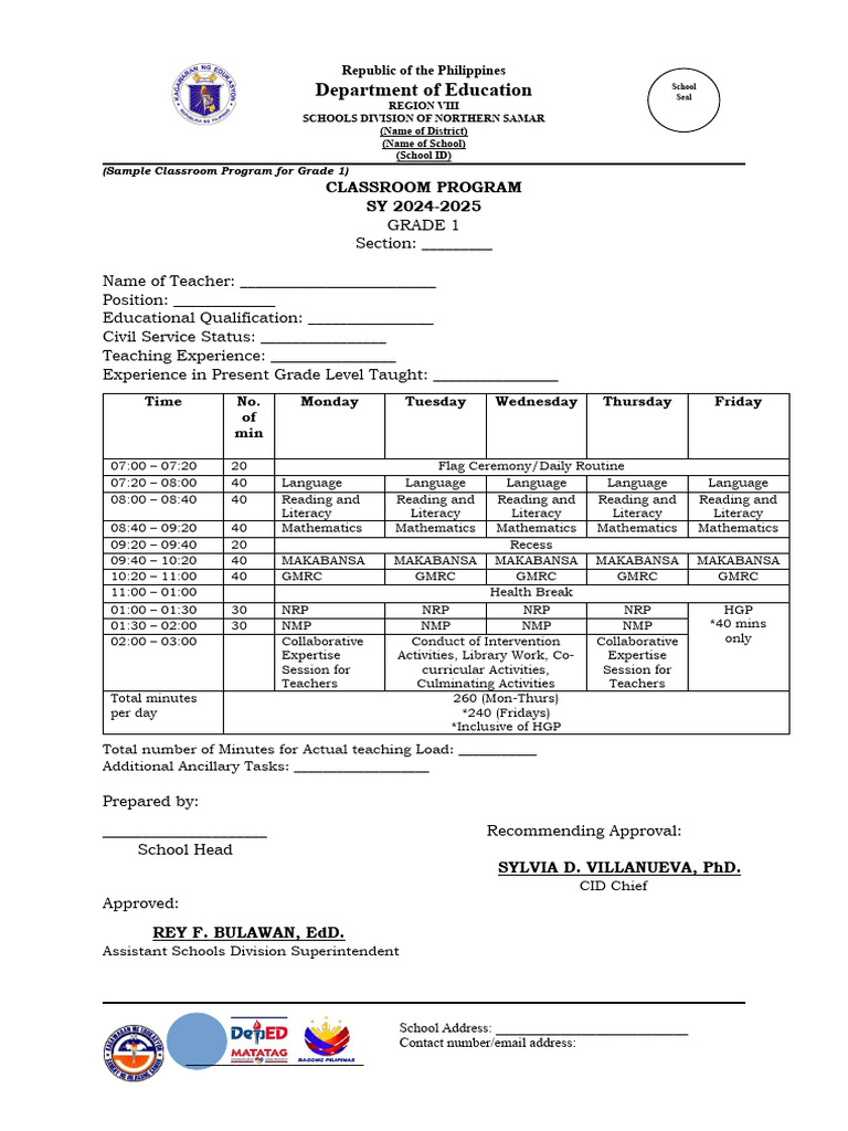 Sample CLASSROOM PROGRAM For Grade 1 | PDF | Literacy | Behavior ...
