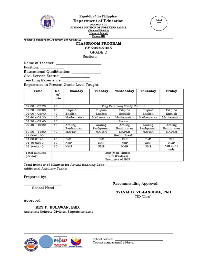 Sample CLASSROOM PROGRAM For Grade 2 | PDF