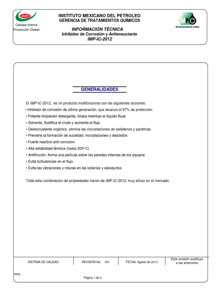 Ficha Tecnica Imp Ic 2012 | PDF | Corrosión | Petróleo