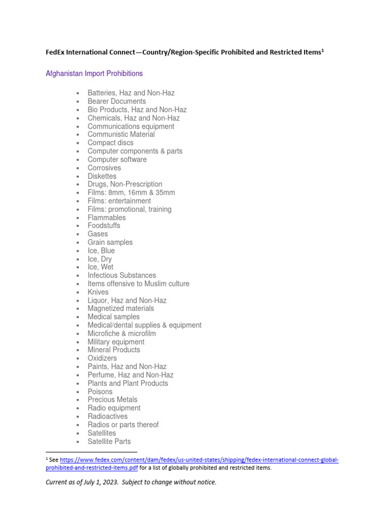 Fedex International Connect Country Region Specific Prohibited and ...