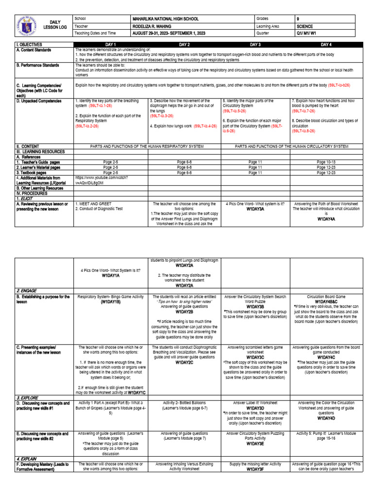 Sci-9.-DLL.-Q1.-M1.-W1_RRWahing | PDF | Respiratory System | Lung