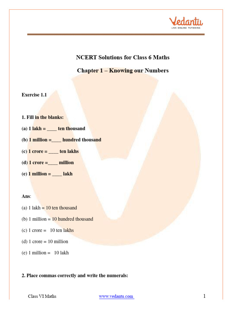 NCERT Solutions For Class 6 Maths Chapter 1 Knowing Our Numbers. | PDF | Teaching Methods ...