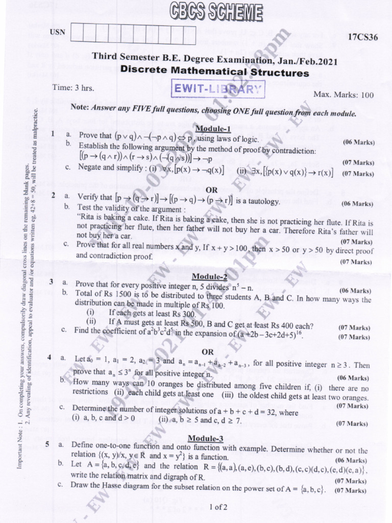 17CS36 Jan - Feb 2021 Discrete Mathematical Structures | PDF