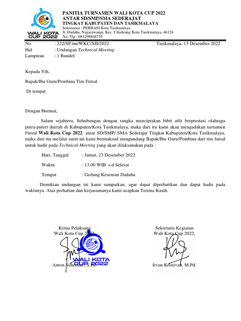 Surat TM Dan Handbook Wali Kota Cup 2022 | PDF