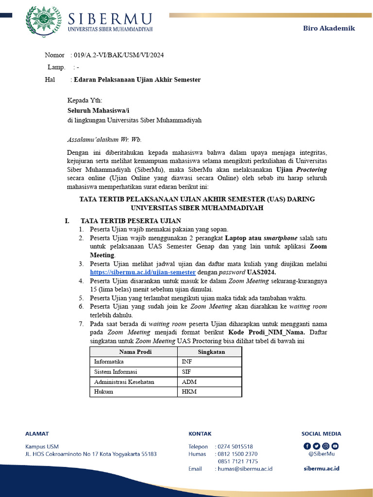 019 - A.2-VI - BAK - USM - VI - 2024 Surat Edaran Mahasiswa Pelaksanaan Ujian Akhir Semester ...