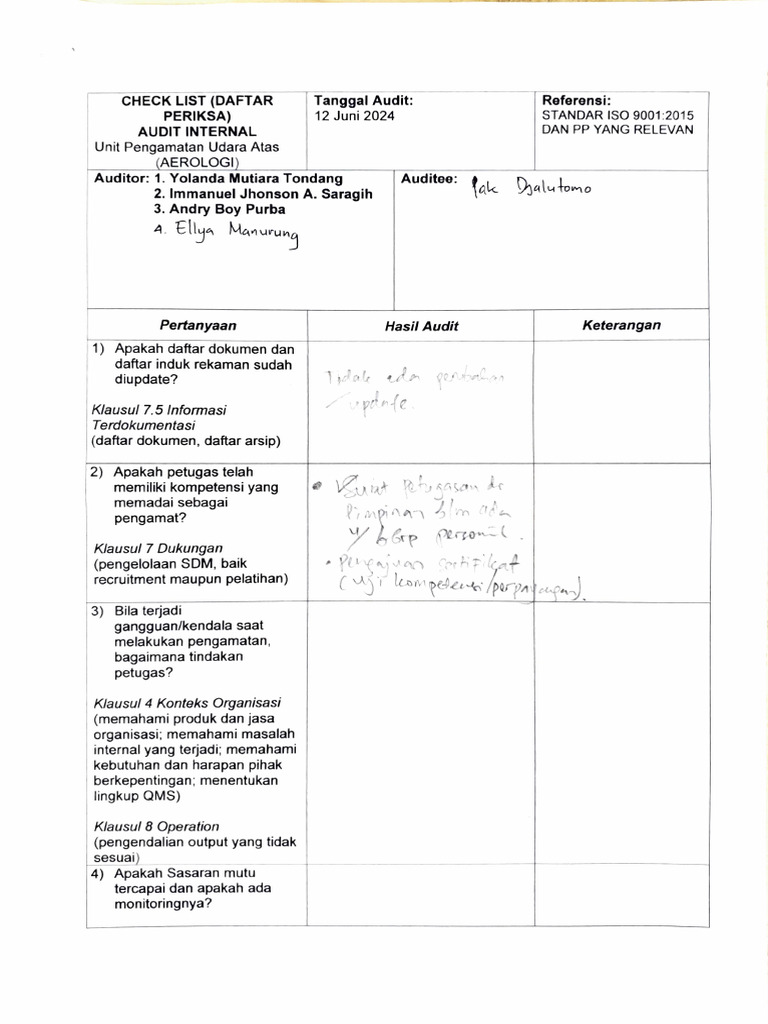 Checklist Audit Internal Aerologi | PDF | Sains & Matematika ...