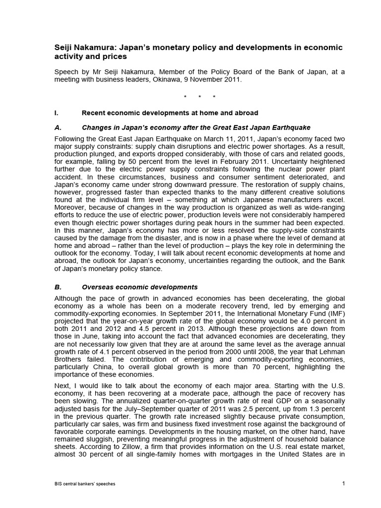 Seiji Nakamura: Japan's Monetary Policy and Developments in Economic Activity and Prices | PDF ...