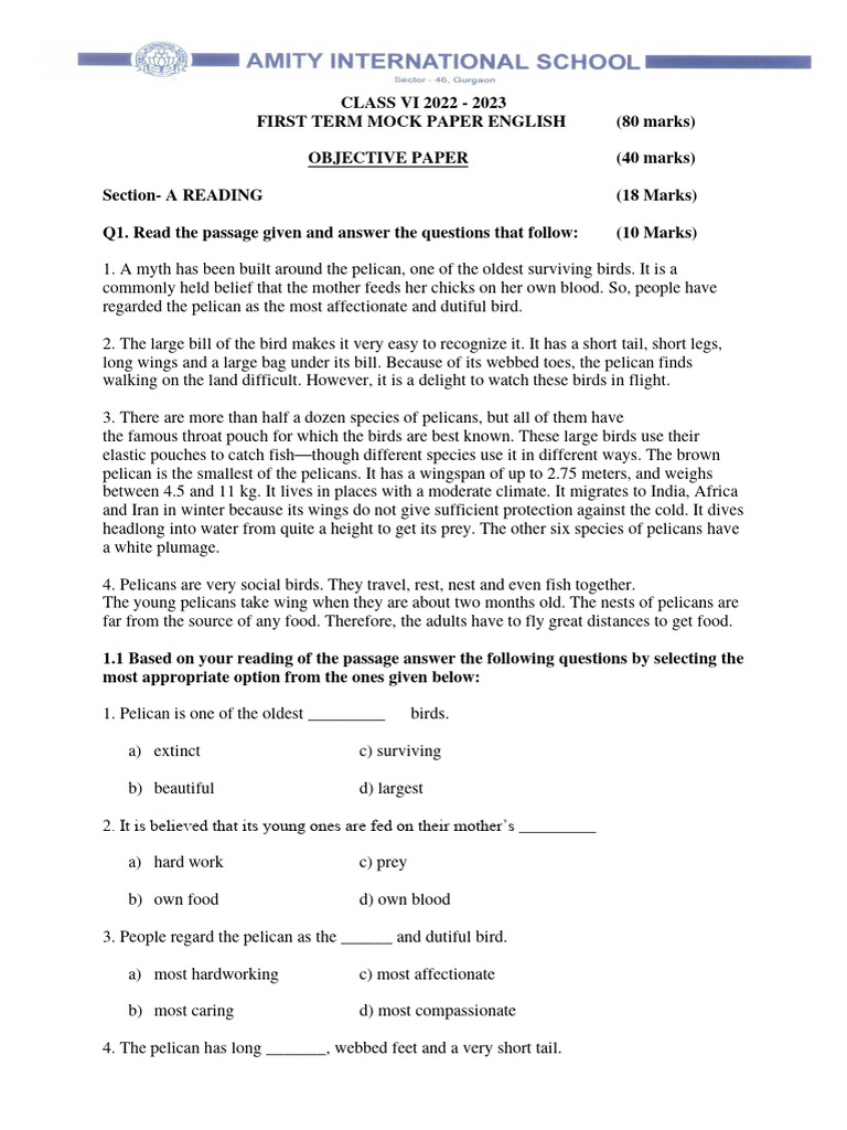 Class VI English Mock Paper 2022-23 | PDF | Birds | Nelson Mandela