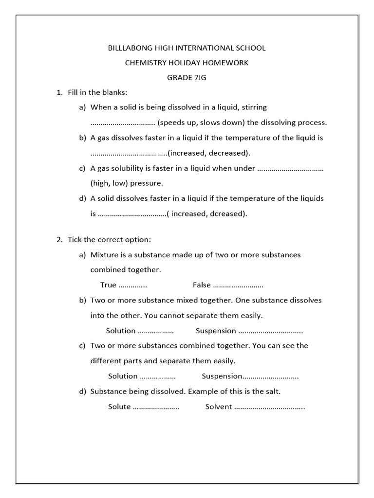 Grade 7 Chemistry Holiday Homework | PDF | Language Arts & Discipline ...