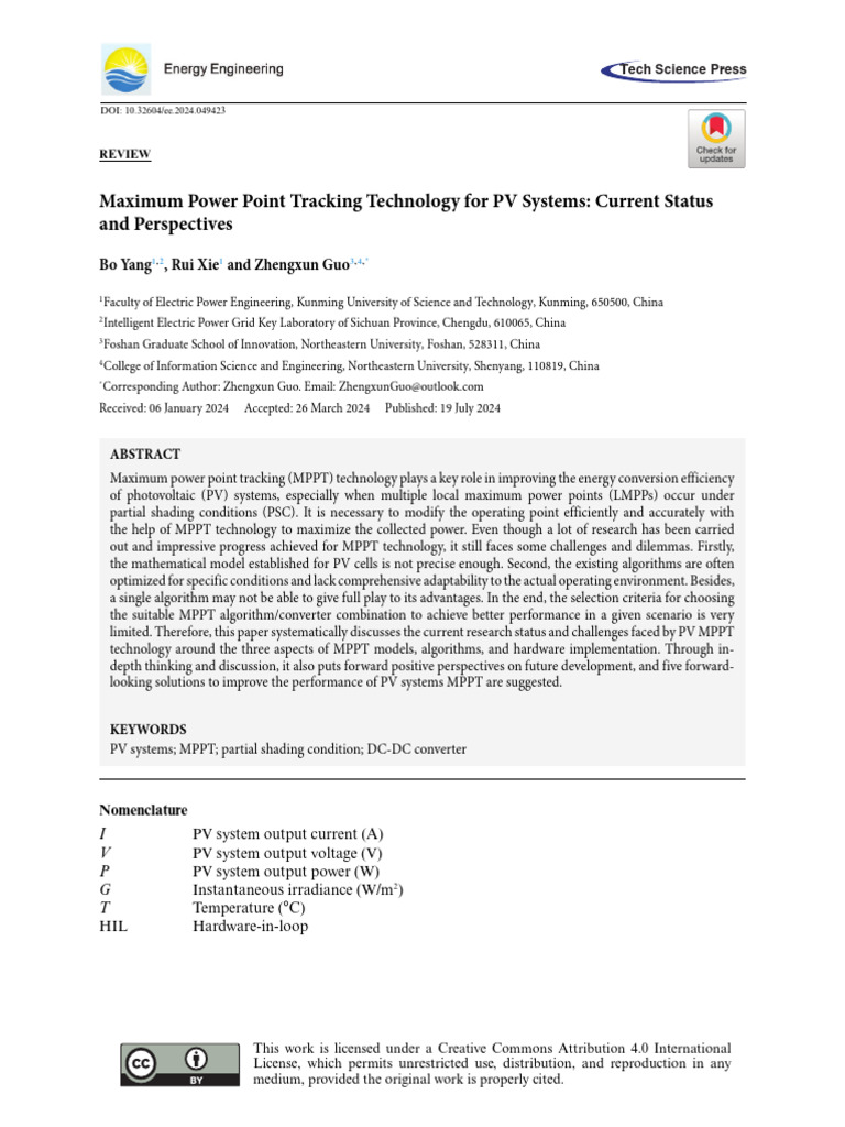 Maximum Power Point Tracking Technology For PV Systems: Current Status ... Maximum Power Point Tracking Technology For PV Systems: Current Status ...