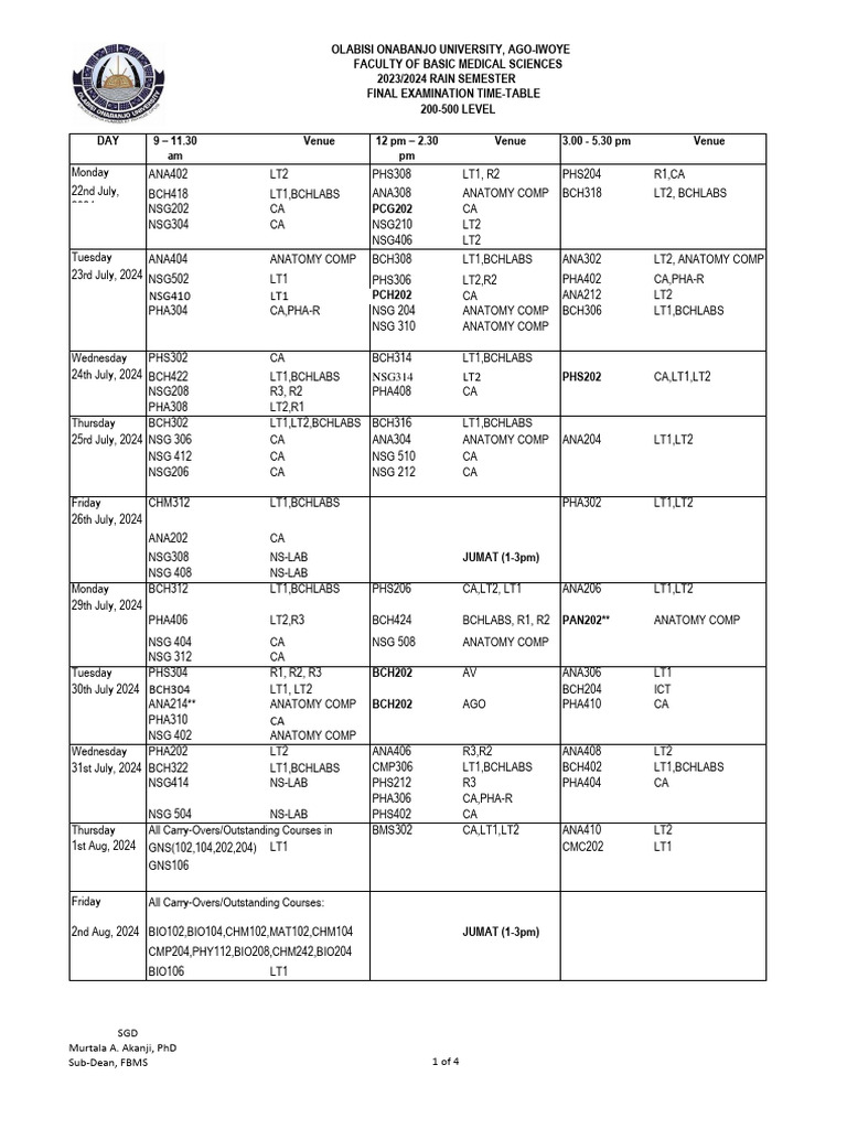 FINAL AMENDED 2023 2024 Rain Exam Timetable FBMS V6 | PDF | Health Care | Medicine
