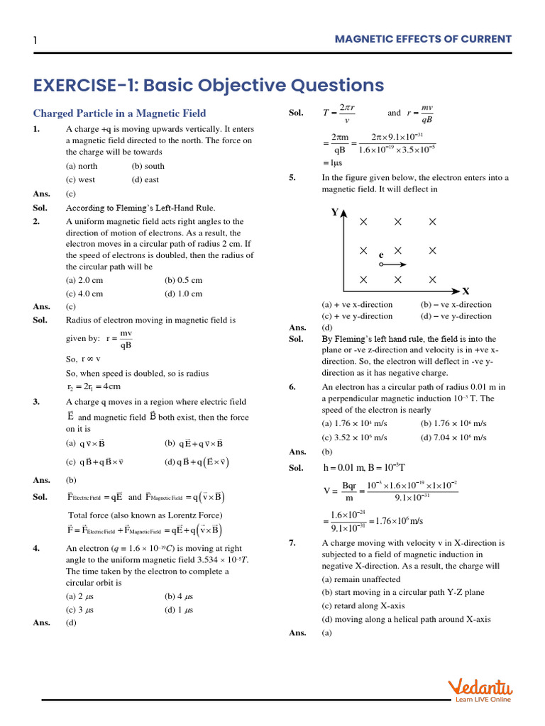 EXERCISE-1 (Magnetic Effect of Current) | PDF | Electron | Force