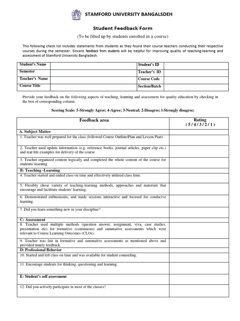 Student Feedback Form | PDF | Teachers | Learning