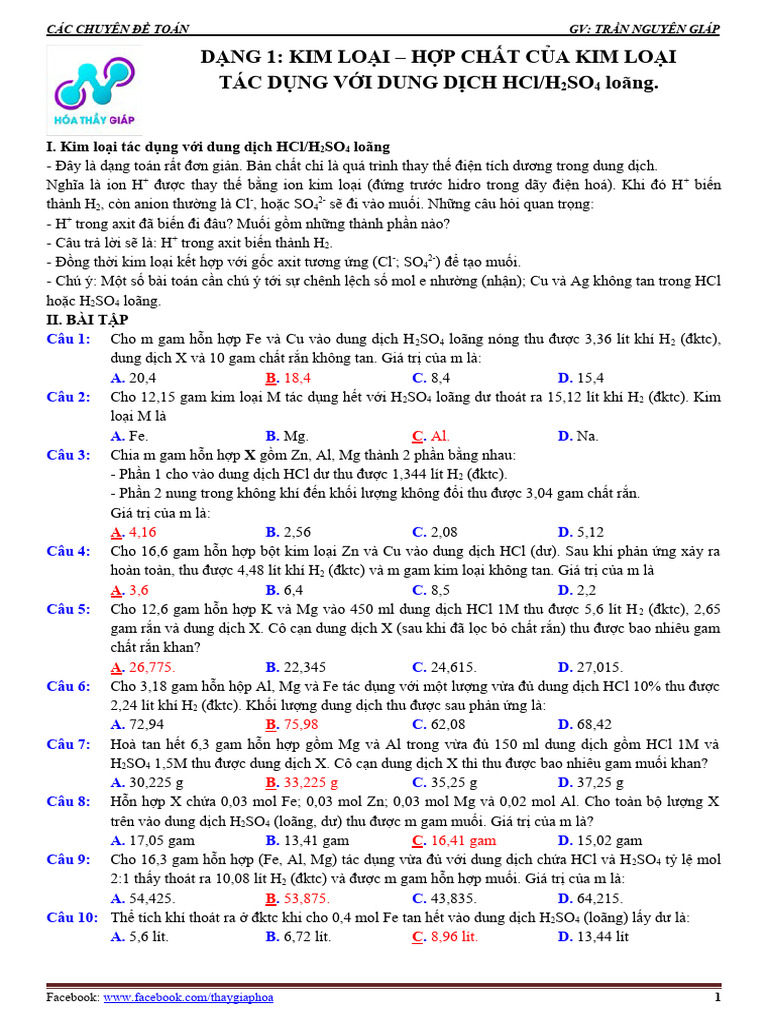 DẠNG 1. KIM LOẠI - HỢP CHẤT CỦA KIM LOẠI TÁC DỤNG VỚI HCl VÀ H2SO4 loãng.V2019.ĐA | PDF