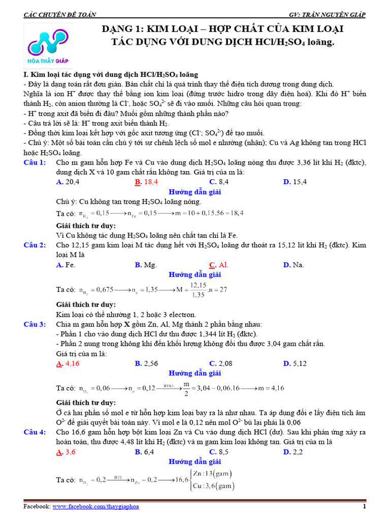 DẠNG 1. KIM LOẠI - HỢP CHẤT CỦA KIM LOẠI TÁC DỤNG VỚI HCl VÀ H2SO4 loãng.V2019 | PDF