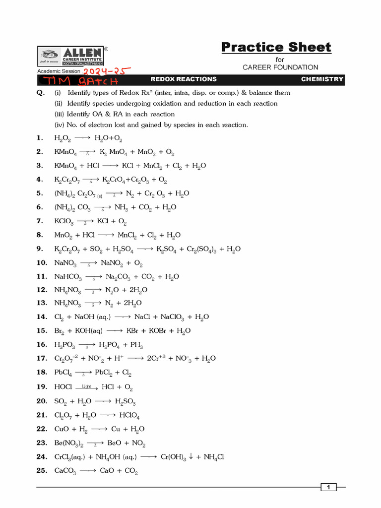 Redox Reaction Sheet | PDF