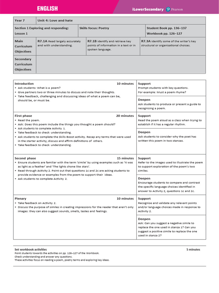 iLS - English - Lesson Plans - Y7 - Unit - 4 | PDF | Poetry | Punctuation