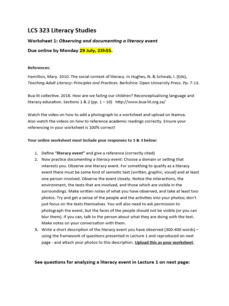 LCS 323 Worksheet 1 2024 | PDF | Literacy | Cognition