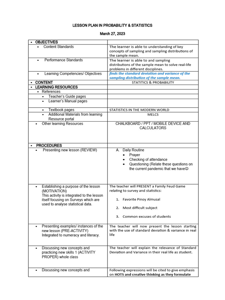 Probability & Statistics Lesson Plan | PDF | Statistics | Variance