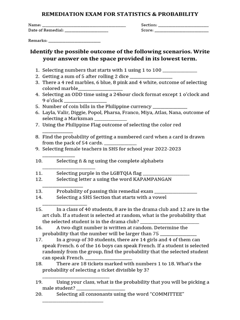 Remediation Exam For Statistics | PDF | Probability | Linguistics