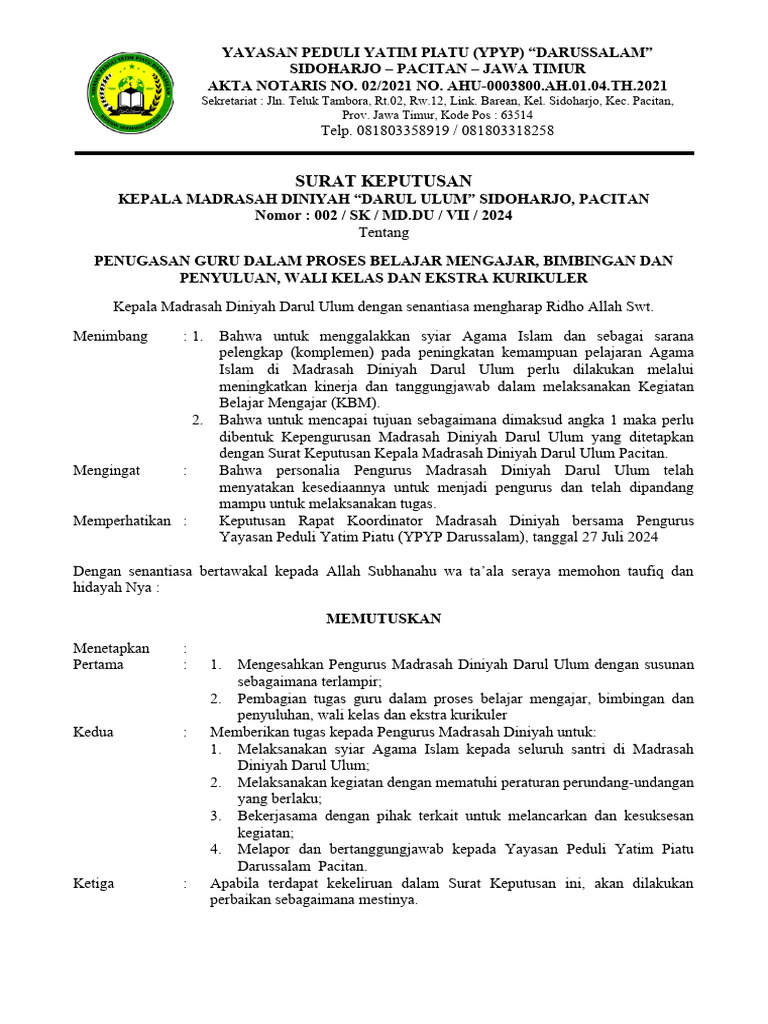 SK Pembagian Tugas Guru Madin 2024 | PDF