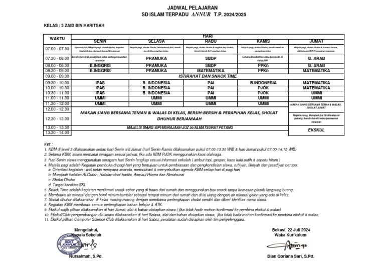 Jadwal Pelajaran 3a Sdit Annur Tp. 2024-2025 | PDF