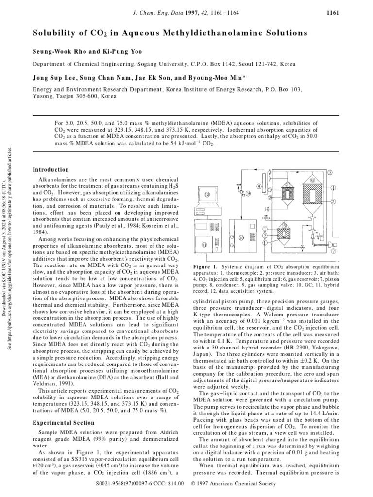 Rho Et Al 1997 Solubility of Co2 in Aqueous Methyldiethanolamine Solutions | PDF | Gas ...