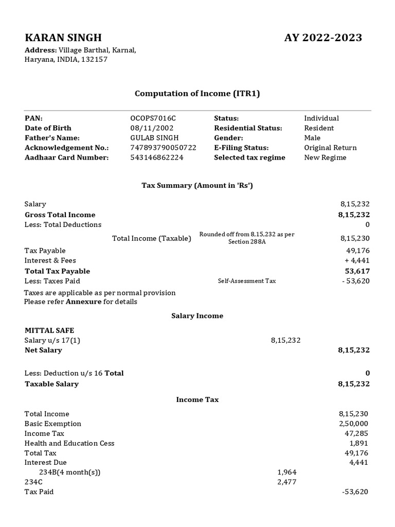 AY2022-23 YUVRAJ-JGZPK1470A-Computation | PDF | Taxes | Tax Deduction
