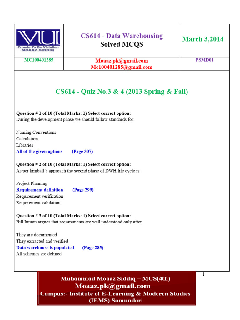 CS614 - Finalterm 2014 Solved MCQs With References by Moaaz | PDF | Data Warehouse | Computer ...