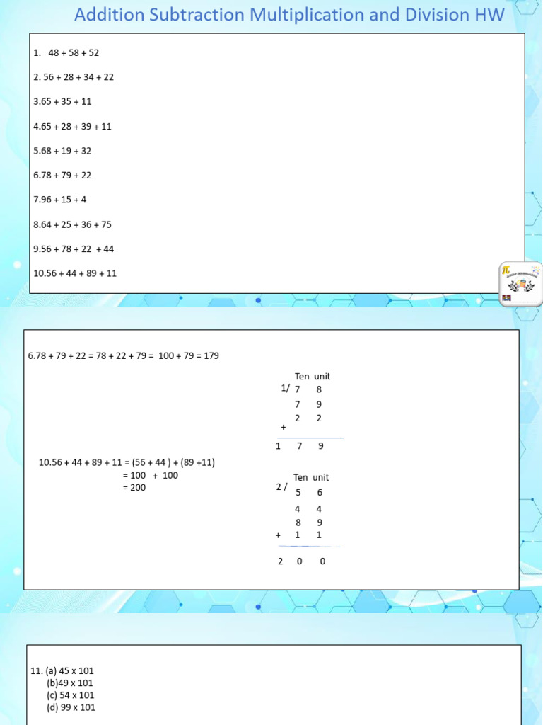 Addition Subtraction Multiplication Division Part 1 Grade 1 2 HW | PDF ...
