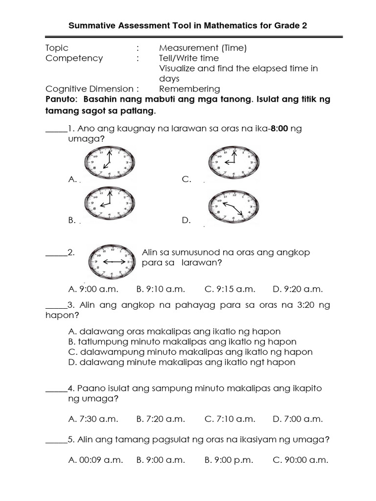 Summative Assessment Tool-Measuring Time-Grade 2 PDF | PDF