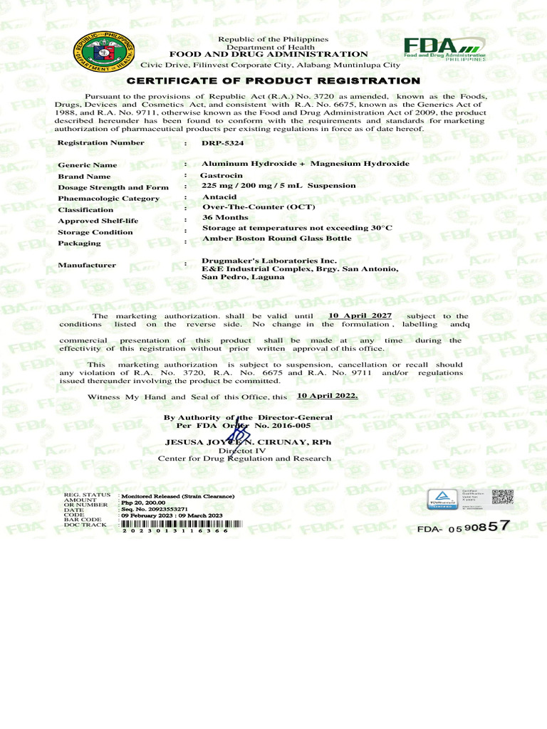 FDA Product Registration Notice | PDF | Food And Drug Administration ...