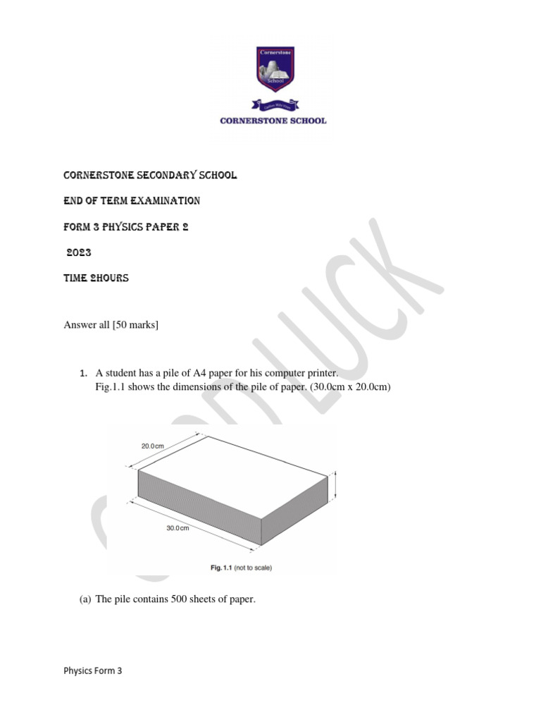 Form 3 Physics Paper 2, 2023 | PDF | Force | Quantity